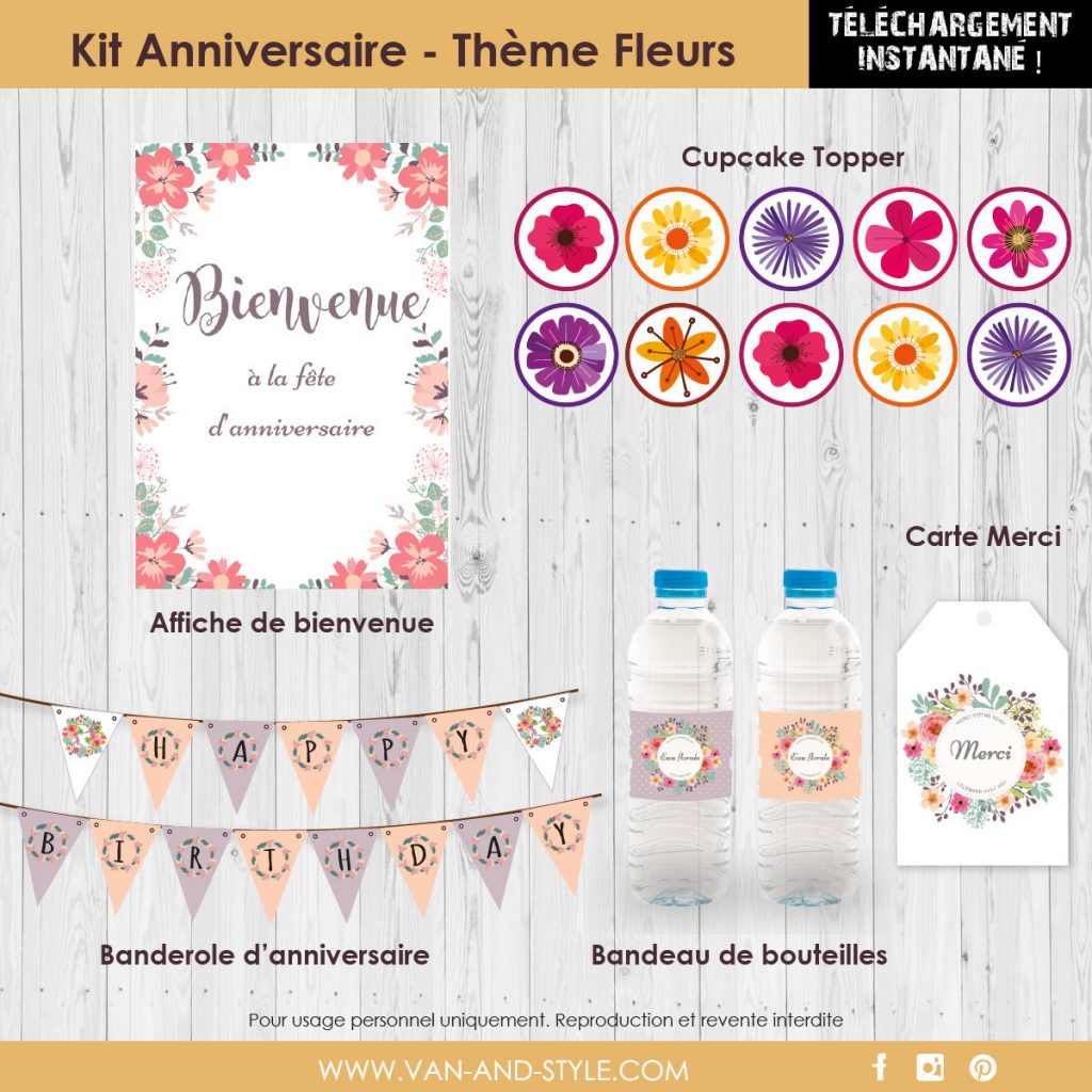 Un kit déco imprimable pour un anniversaire sous le thème des fleurs